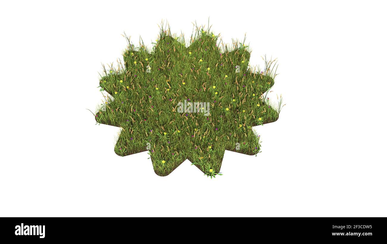 3d rendered grass field with colorful flowers in shape of symbol of ...