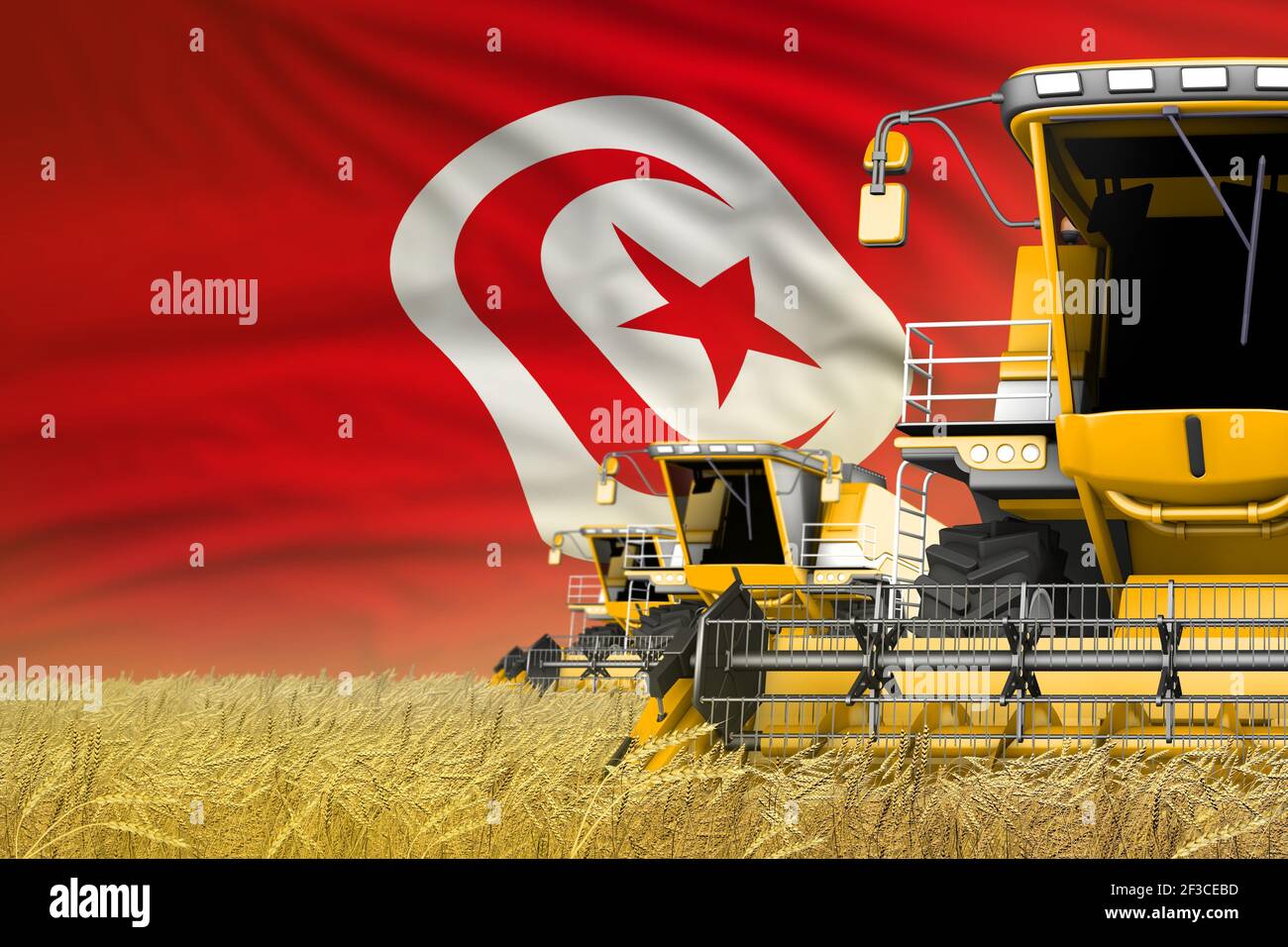 industrial 3D illustration of 3 yellow modern combine harvesters with ...