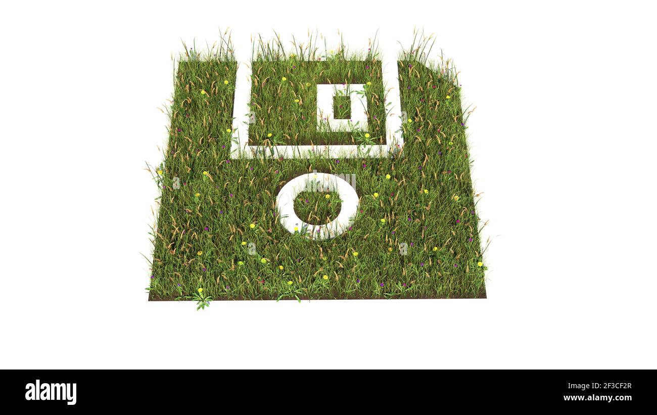 3d rendered grass field with colorful flowers in shape of symbol of ...