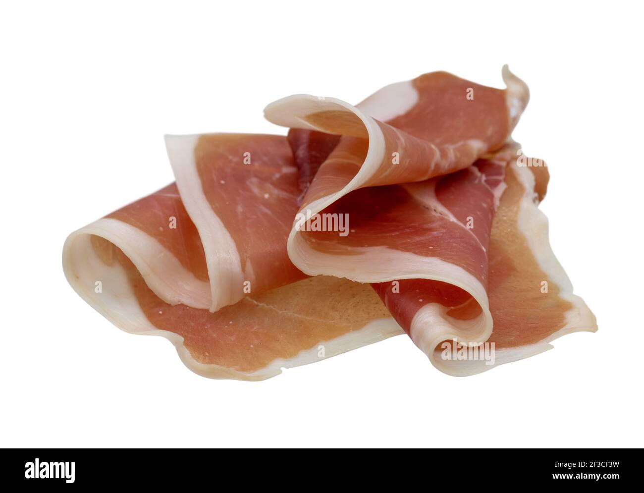 Slice of Italian prosciutto crudo or jamon. Raw ham. Isolated on white ...