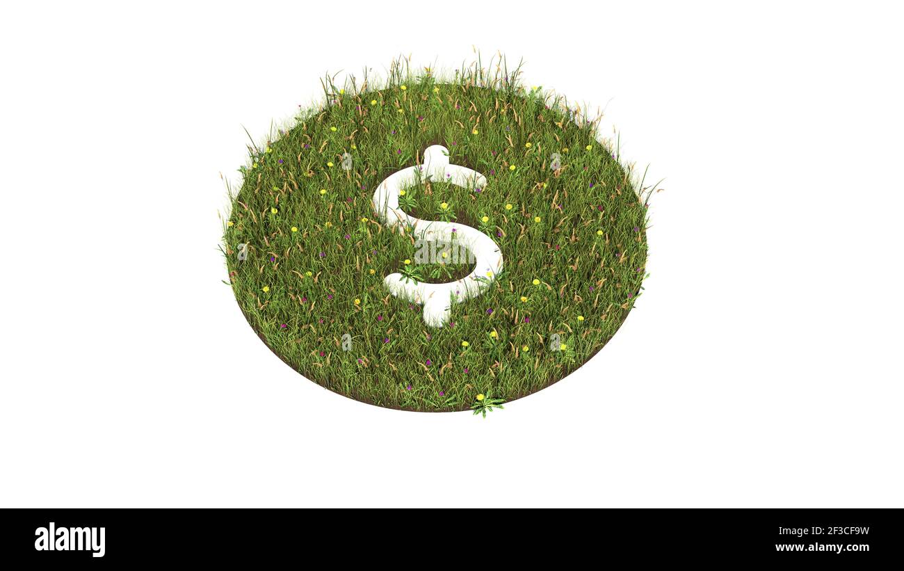 3d rendered grass field with colorful flowers in shape of symbol of ...