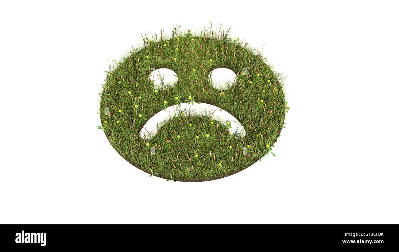 3d rendered grass field with colorful flowers in shape of symbol of sad ...