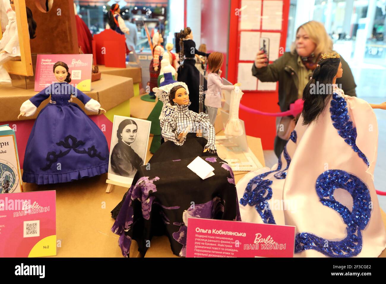 KYIV, UKRAINE - MARCH 15, 2021 - Dressed-up Barbie dolls are presented ...