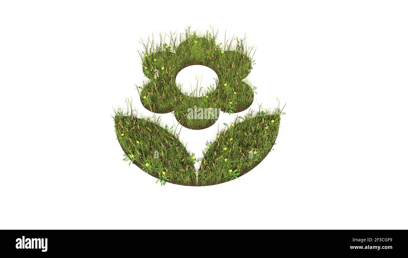 3d rendered grass field with colorful flowers in shape of symbol of ...