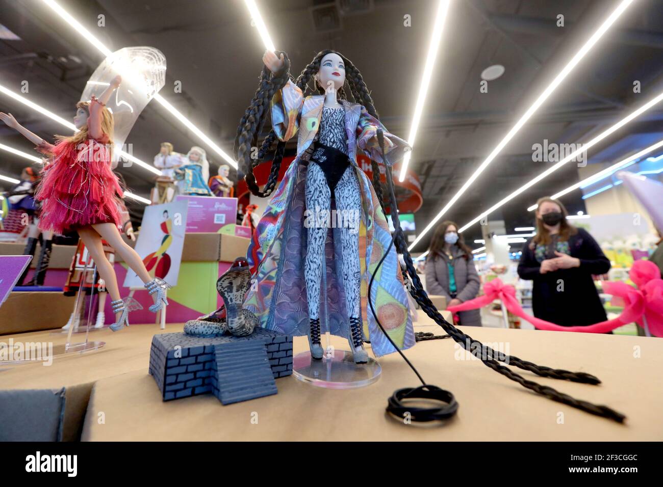 KYIV, UKRAINE - MARCH 15, 2021 - Dressed-up Barbie dolls are presented ...
