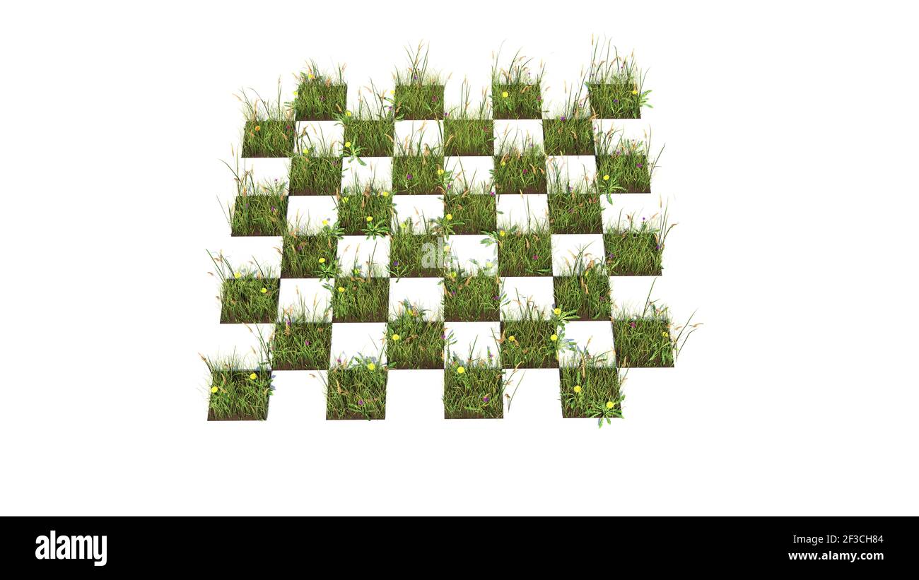 3d rendered grass field with colorful flowers in shape of symbol of ...