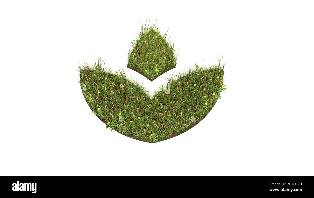 3d rendered grass field with colorful flowers in shape of symbol of ...