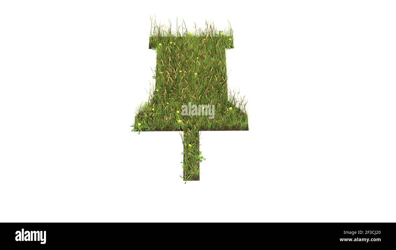 3d rendered grass field with colorful flowers in shape of symbol of pin ...