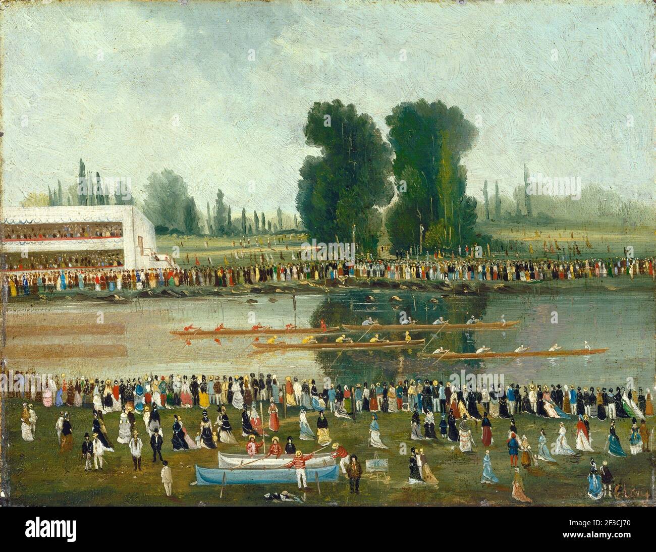 Rowing Scene: Crowds Watching from the River Banks, late 19th century ...