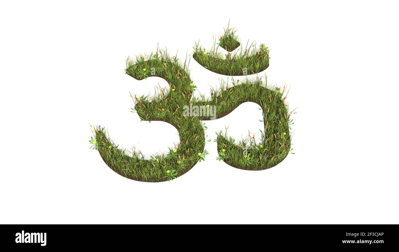 3d rendered grass field with colorful flowers in shape of symbol of om ...
