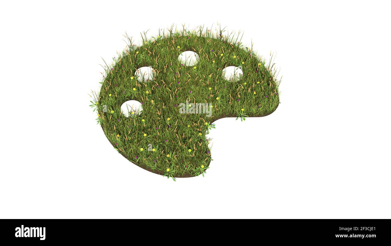 3d rendered grass field with colorful flowers in shape of symbol of ...