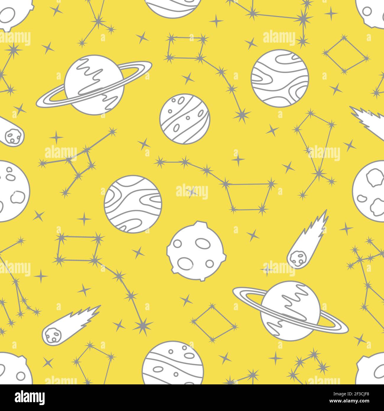 Seamless vector pattern with constellations, planets, Saturn, comet ...