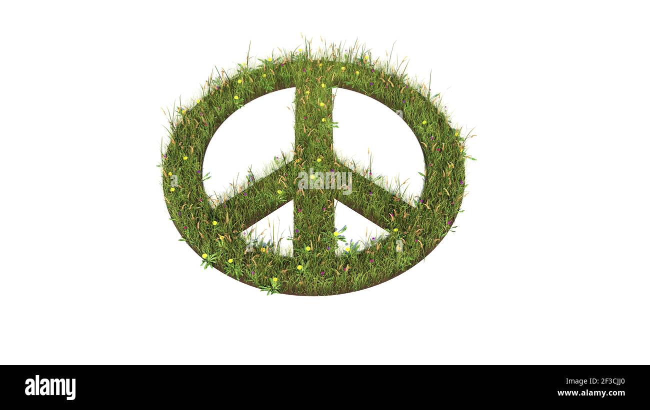 3d rendered grass field with colorful flowers in shape of symbol of ...