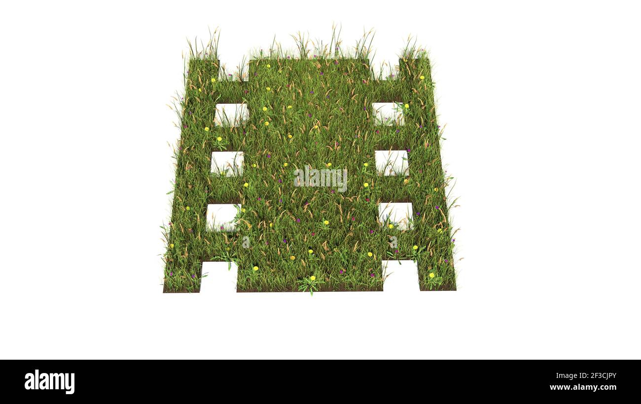 3d rendered grass field with colorful flowers in shape of symbol of ...