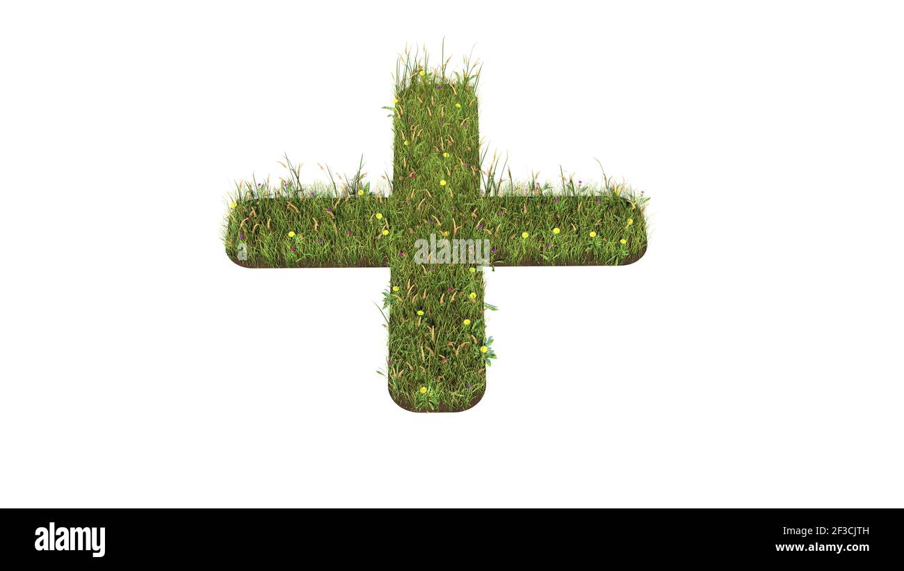 3d rendered grass field with colorful flowers in shape of symbol of ...