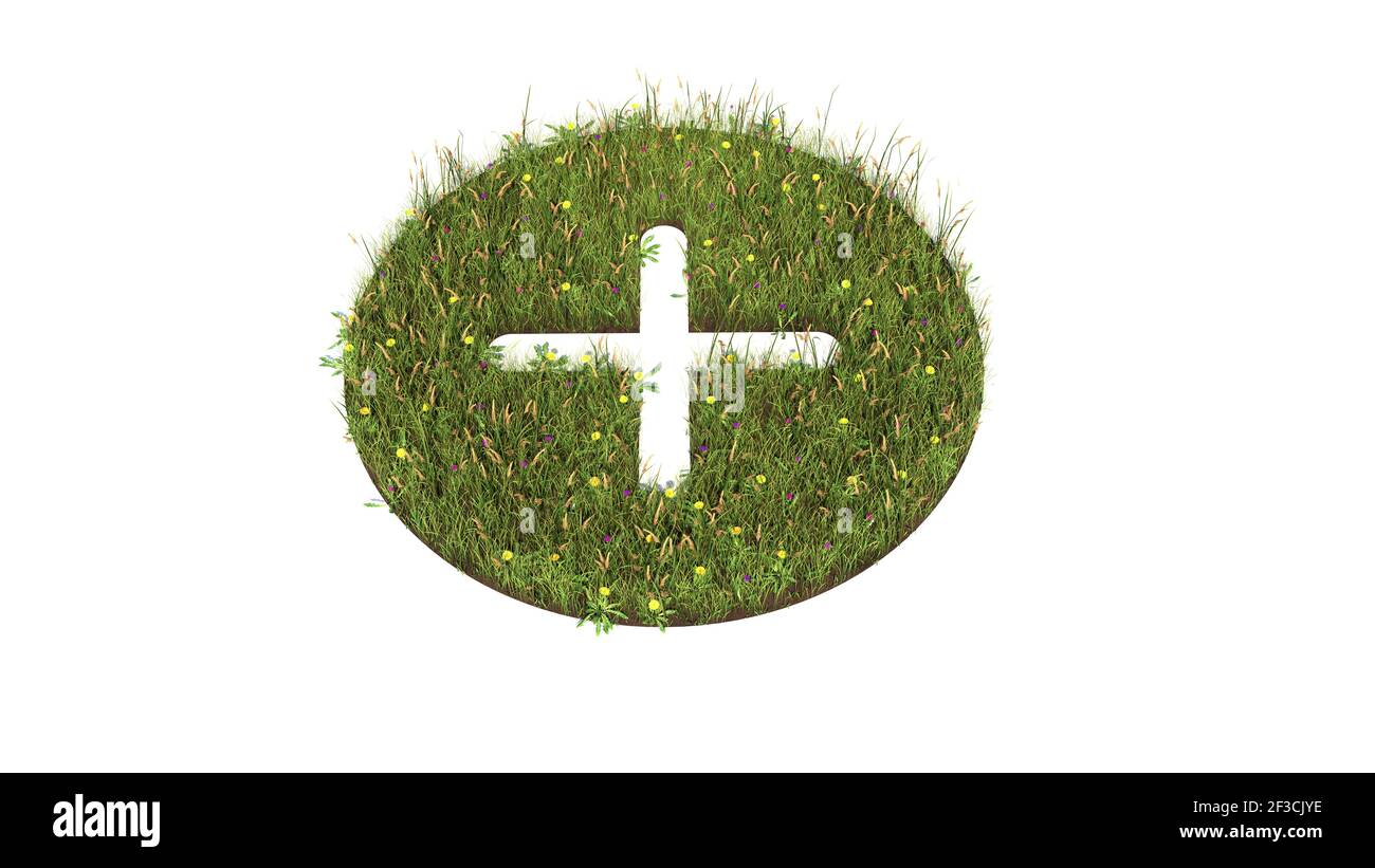 3d rendered grass field with colorful flowers in shape of symbol of ...