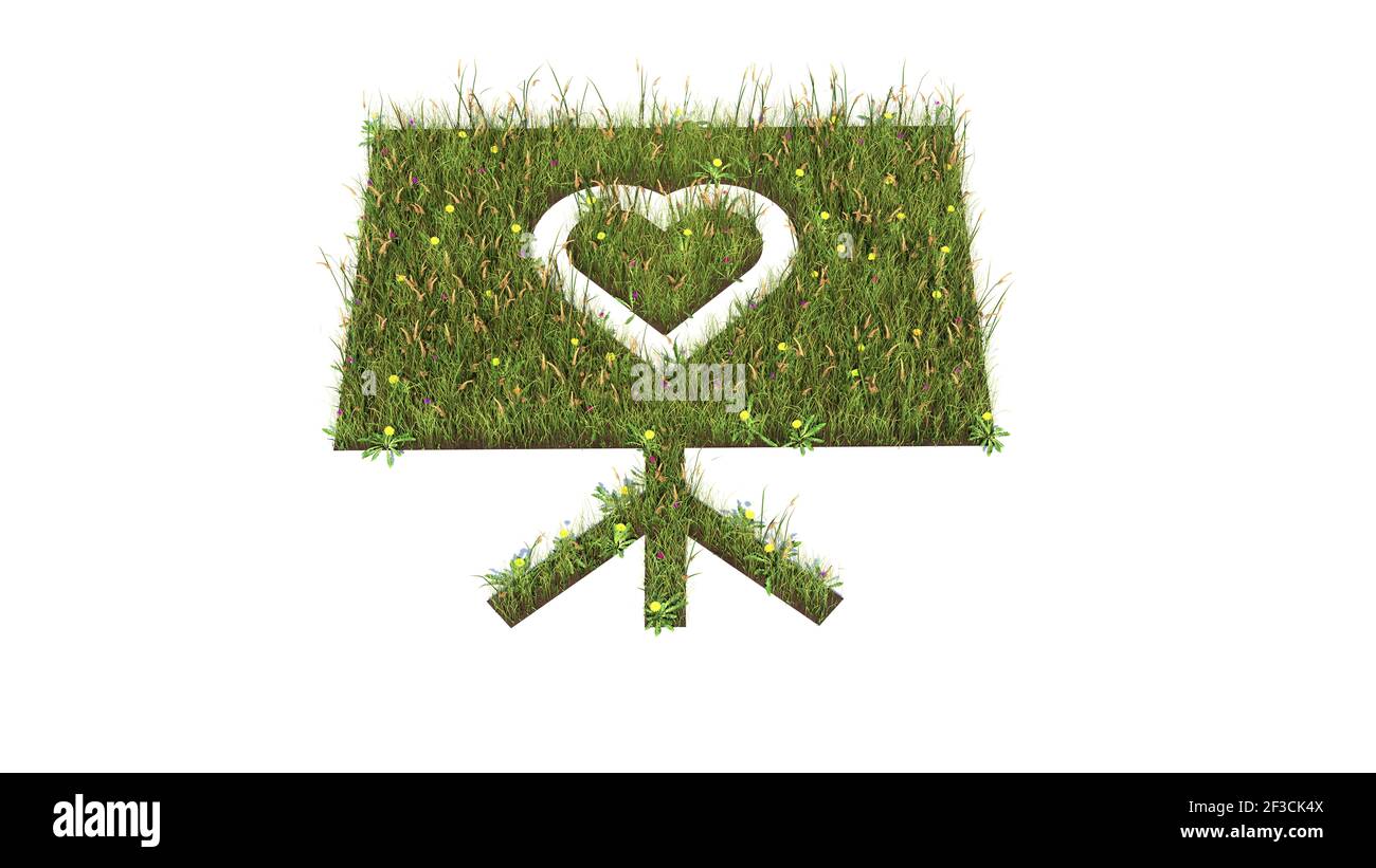 3d rendered grass field with colorful flowers in shape of symbol of ...