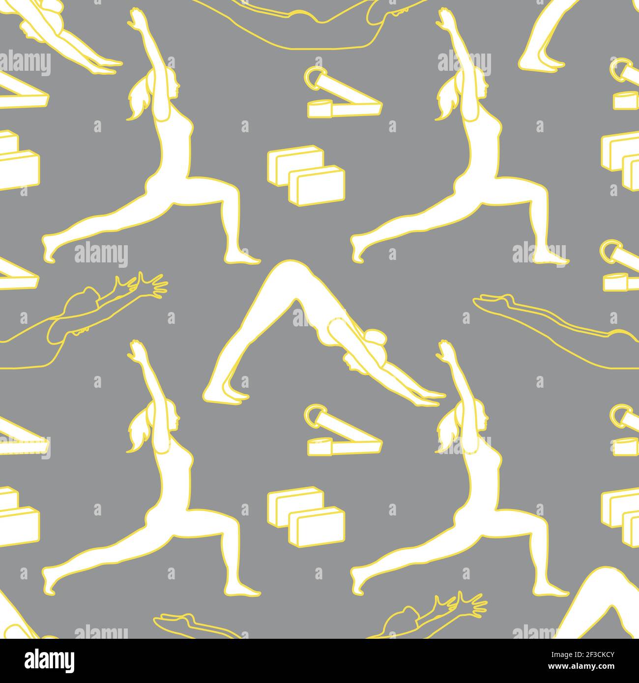 Seamless pattern with women in yoga poses, blocks, belt for yoga. Relax ...