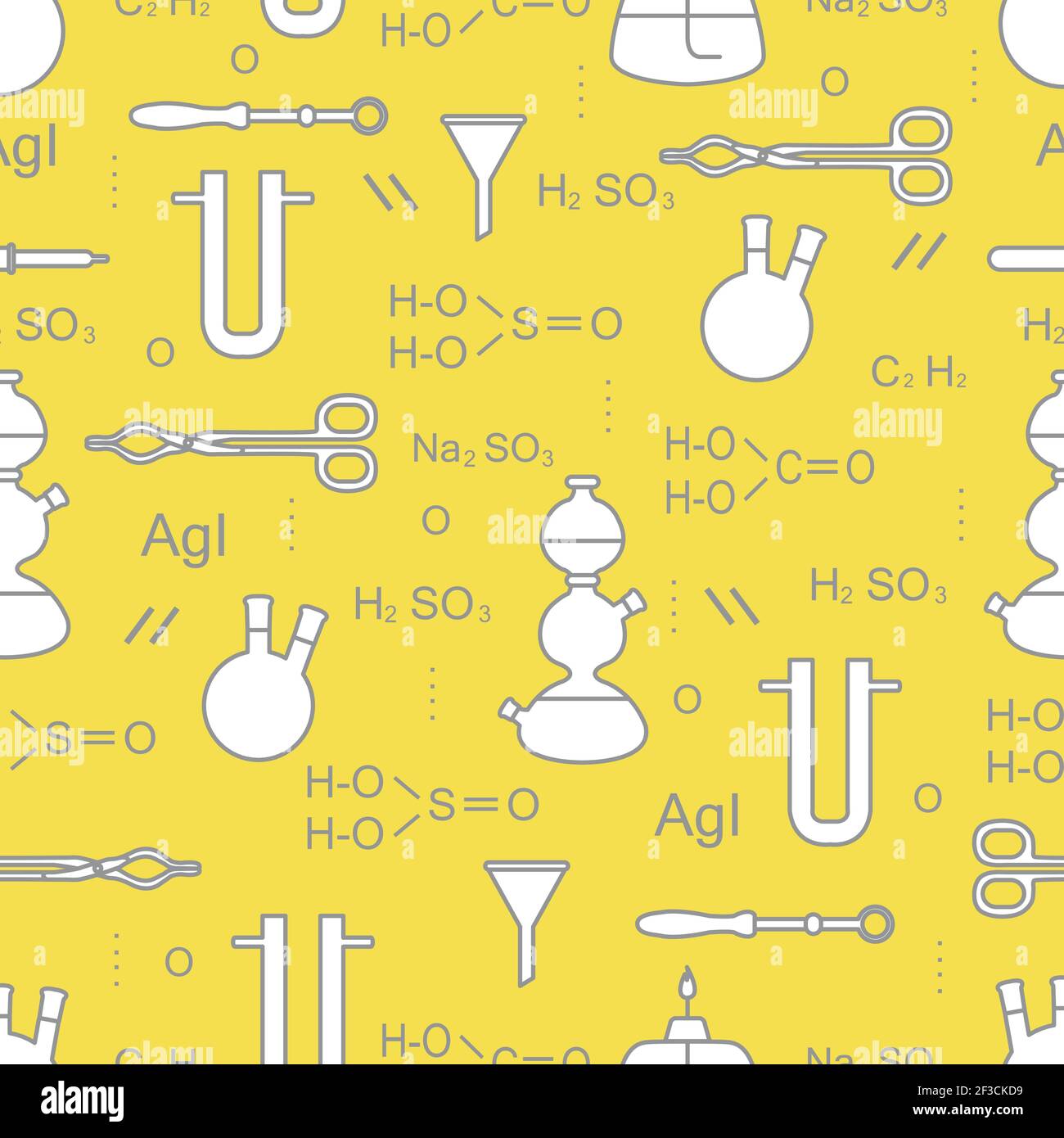 Scientific vector seamless pattern with flasks, burners, funnels, tools ...