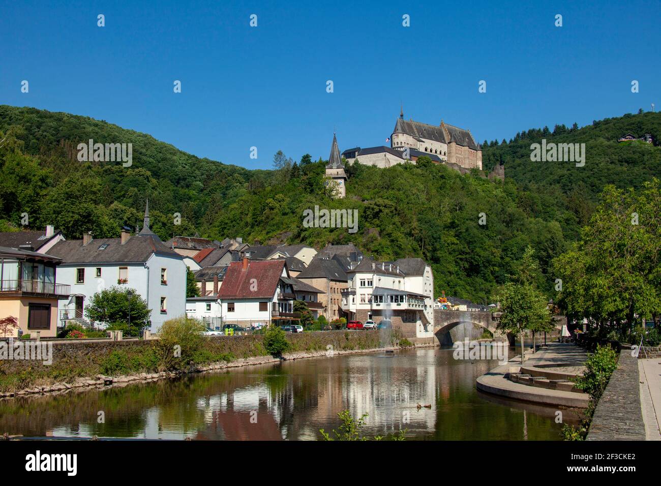 Luxembourg: overview of the village, the river Our and the Vianden ...