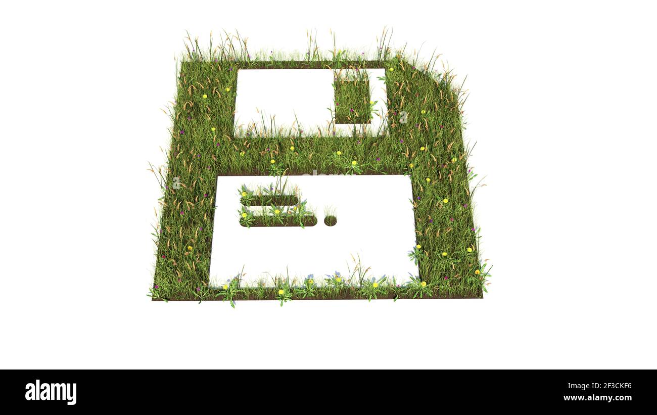 3d rendered grass field with colorful flowers in shape of symbol of ...