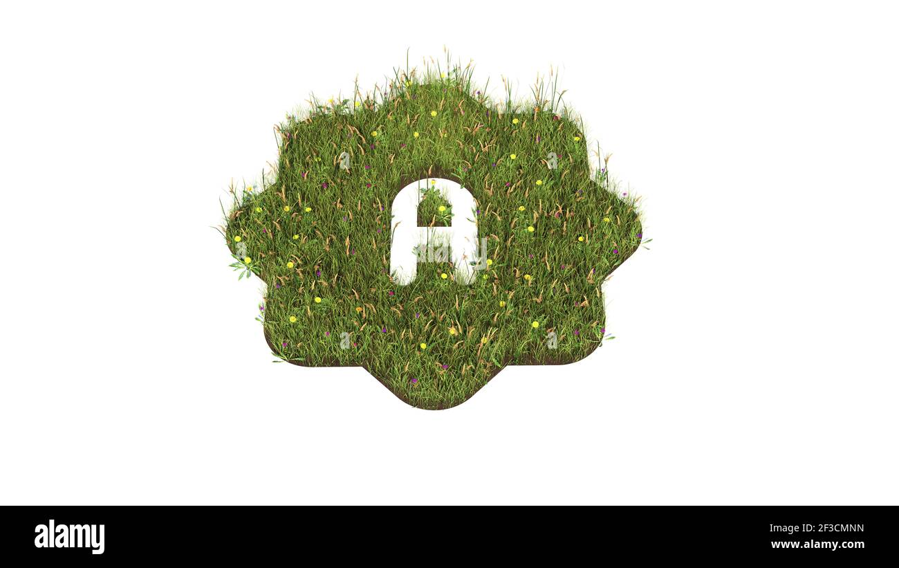 3d rendered grass field with colorful flowers in shape of symbol of ...