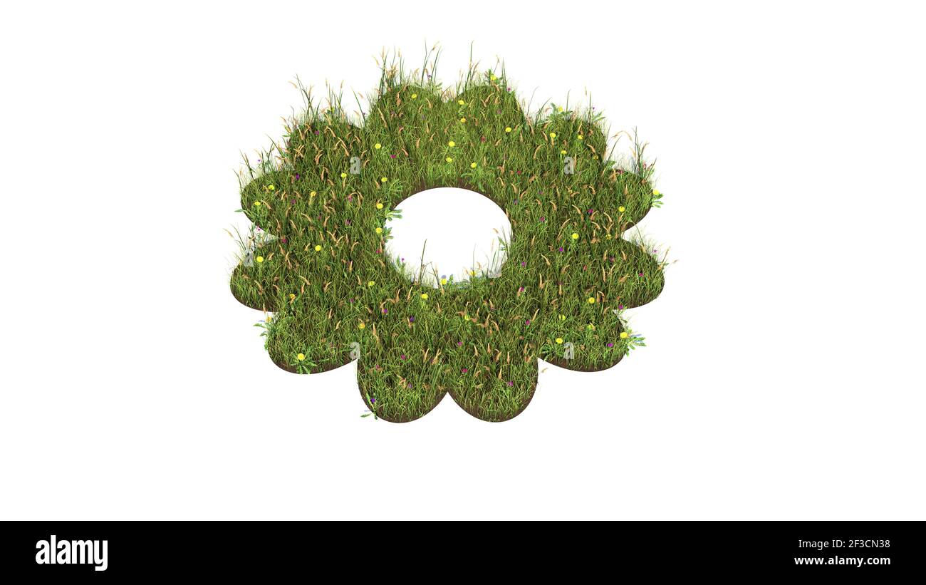 3d rendered grass field with colorful flowers in shape of symbol of ...