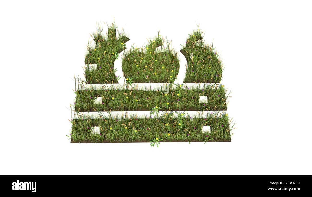 3d rendered grass field with colorful flowers in shape of symbol of ...