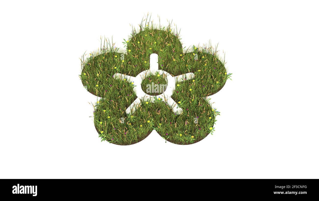 3d rendered grass field with colorful flowers in shape of symbol of ...
