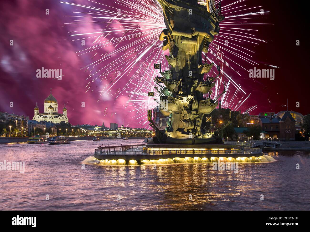 Fireworks over the Piter the Thirst Monument, Moskow, Russia (at night ...