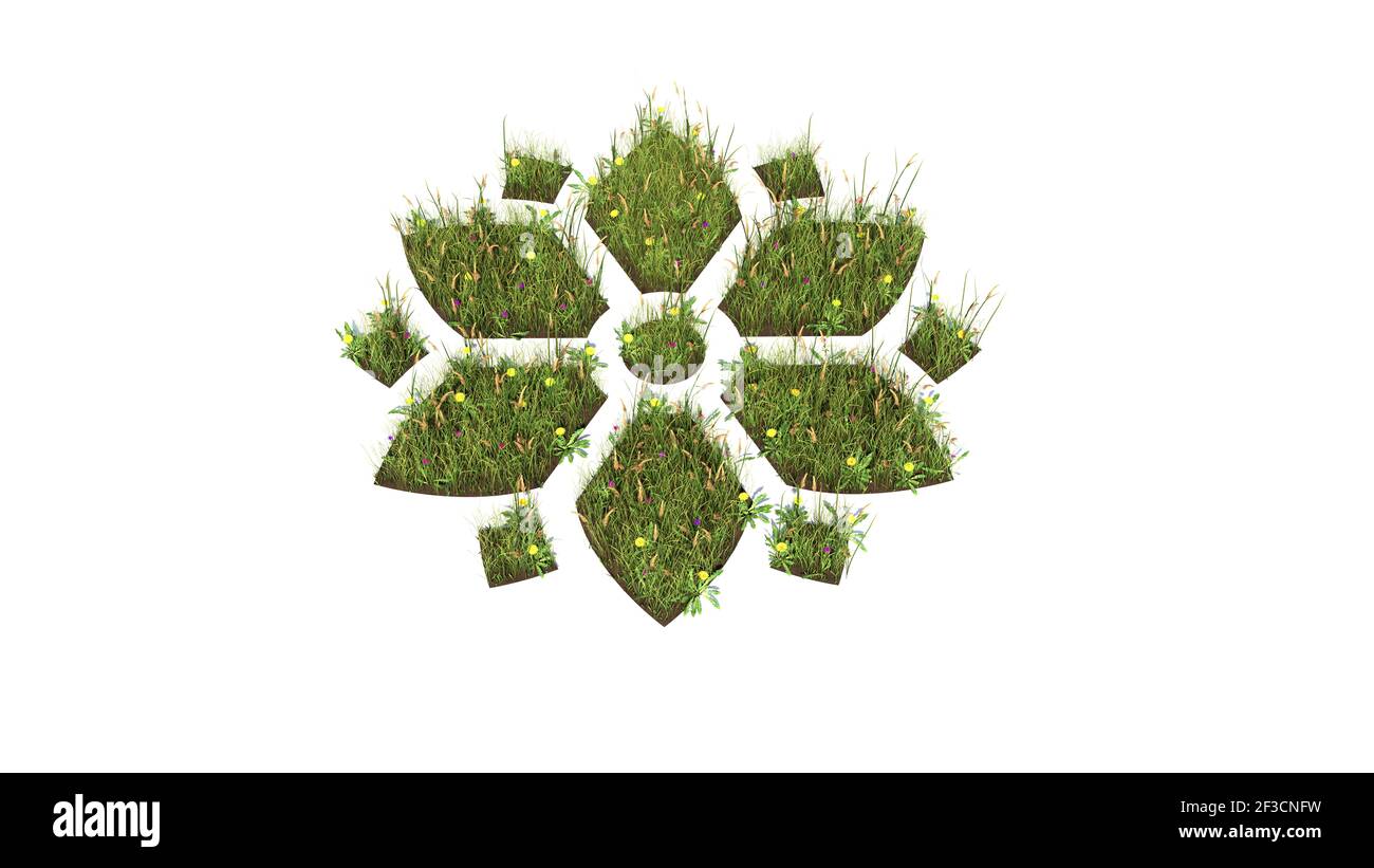 3d rendered grass field with colorful flowers in shape of symbol of ...