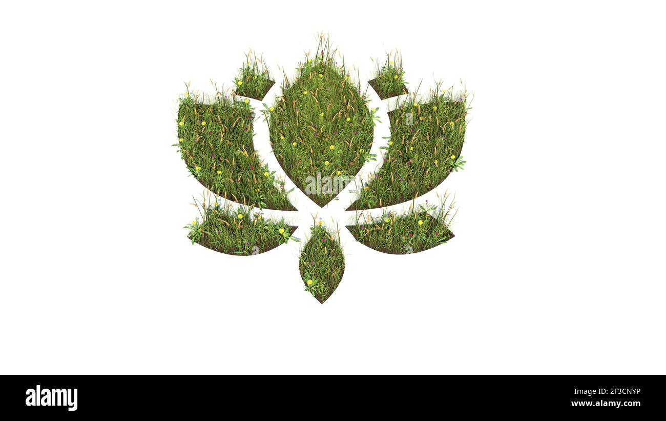 3d rendered grass field with colorful flowers in shape of symbol of ...