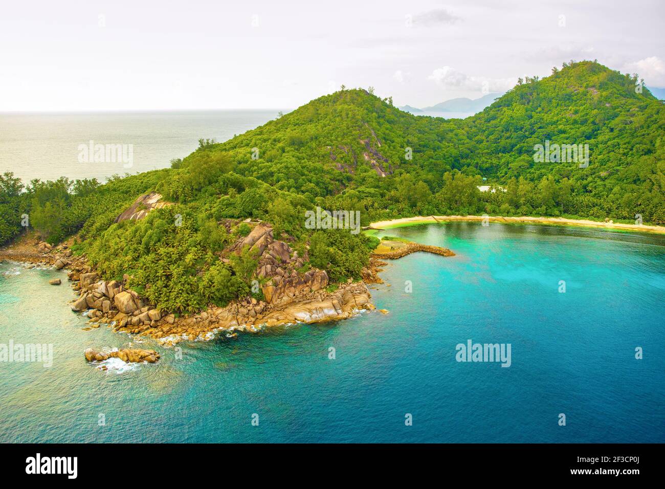 Aerial sunset landscape of the tropical Mahe Island and beautiful ...