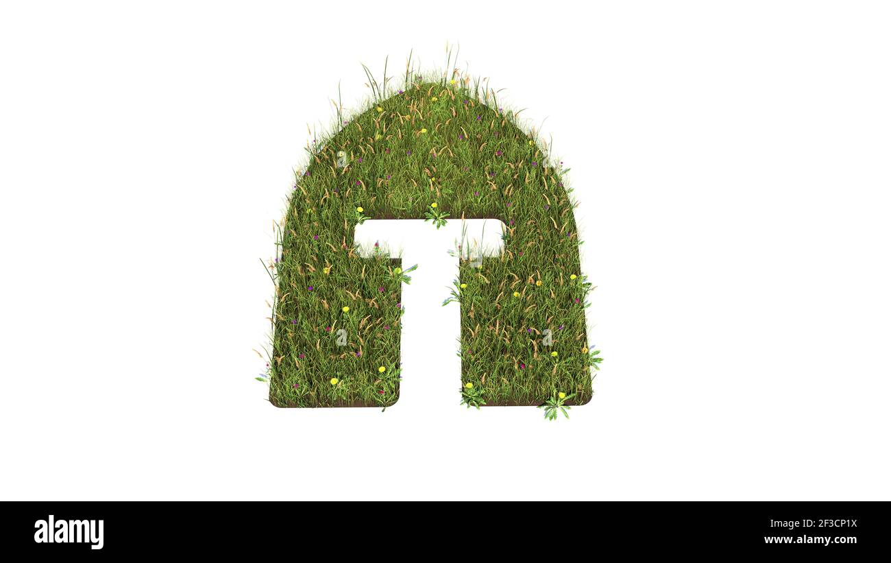 3d rendered grass field with colorful flowers in shape of symbol of ...