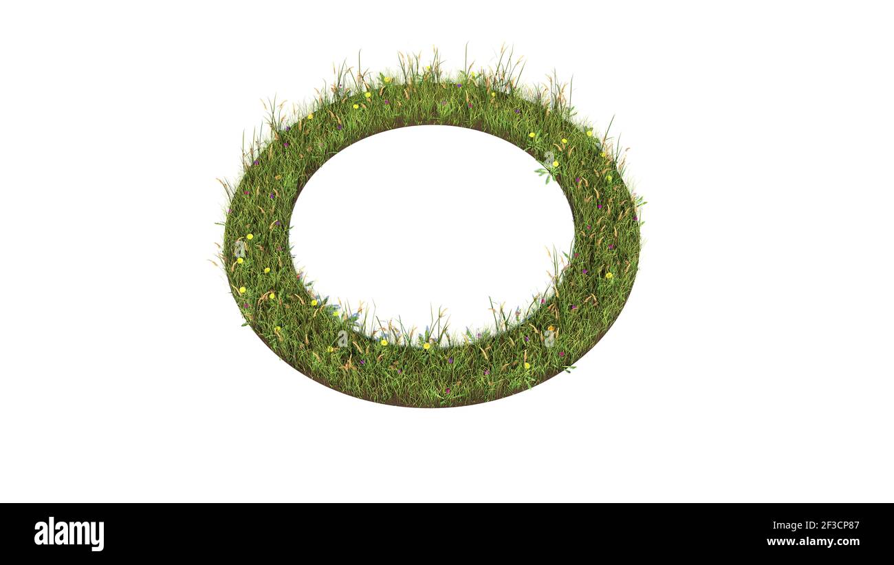 3d rendered grass field with colorful flowers in shape of symbol of ...