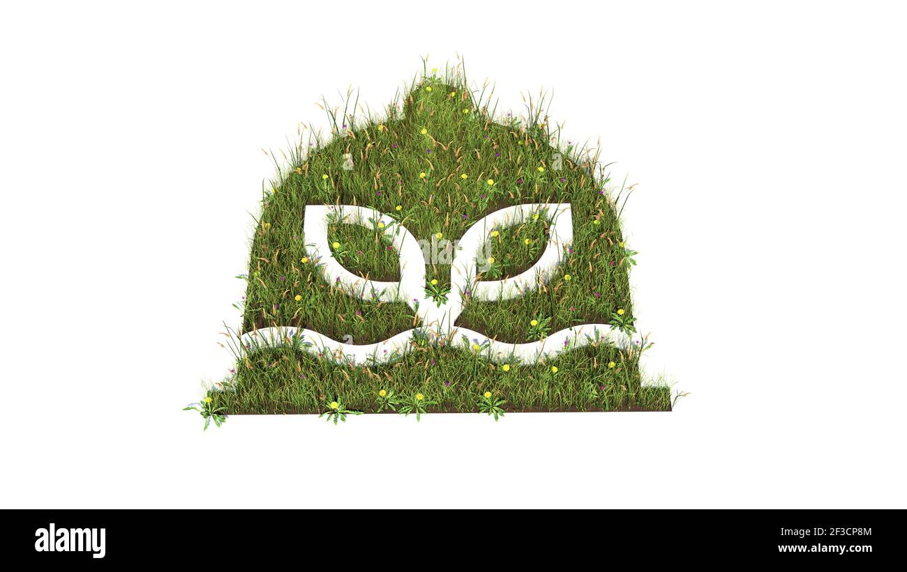 3d rendered grass field with colorful flowers in shape of symbol of ...