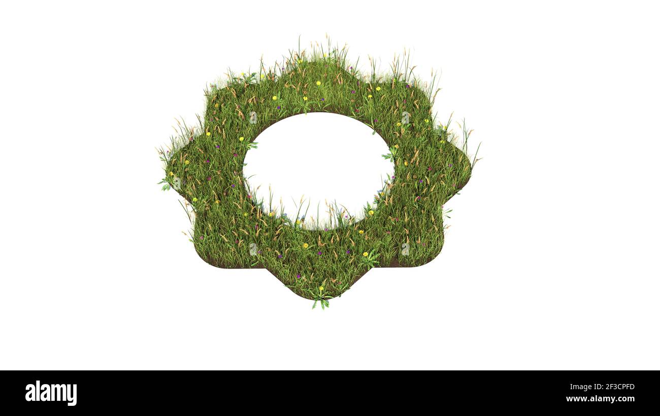3d rendered grass field with colorful flowers in shape of symbol of ...