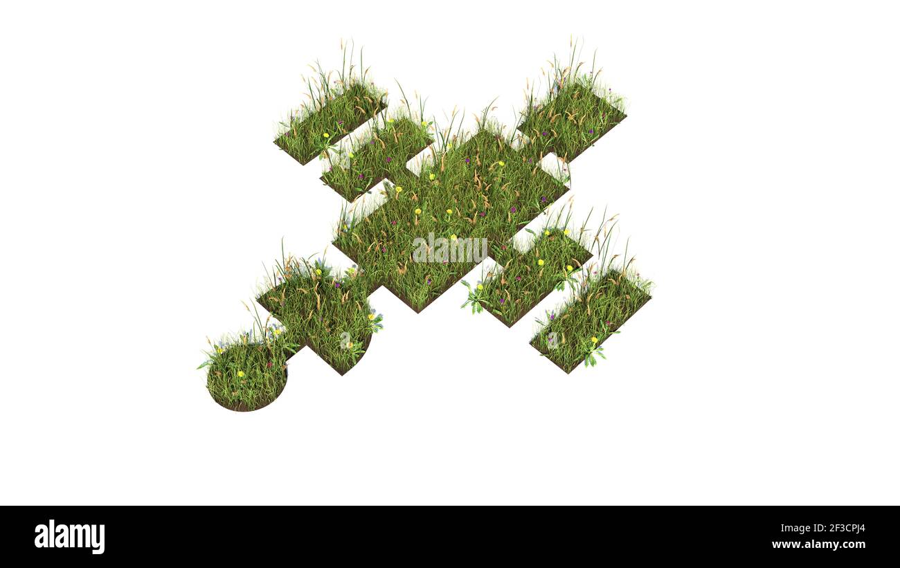 3d rendered grass field with colorful flowers in shape of symbol of ...