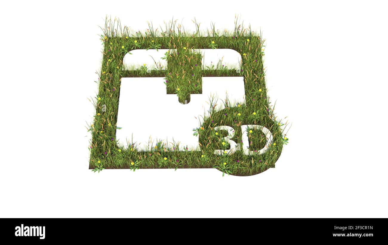 3d rendered grass field with colorful flowers in shape of symbol of 3d ...