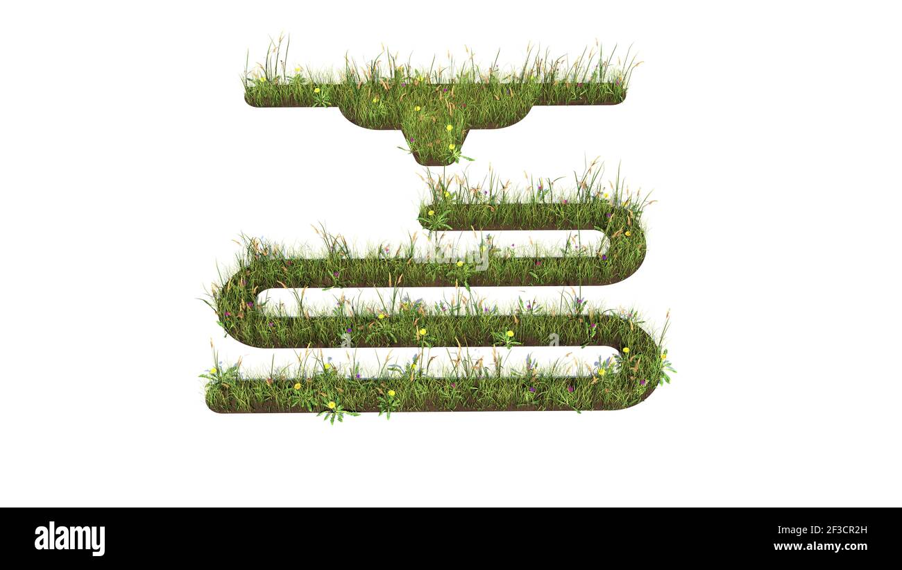 3d rendered grass field with colorful flowers in shape of symbol of 3d ...