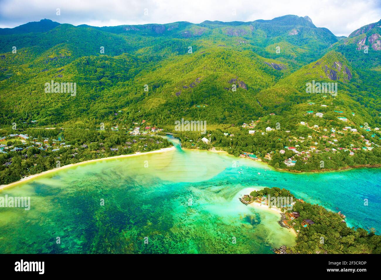 Aerial view of the tropical Mahe Island and beautiful lagoons ...