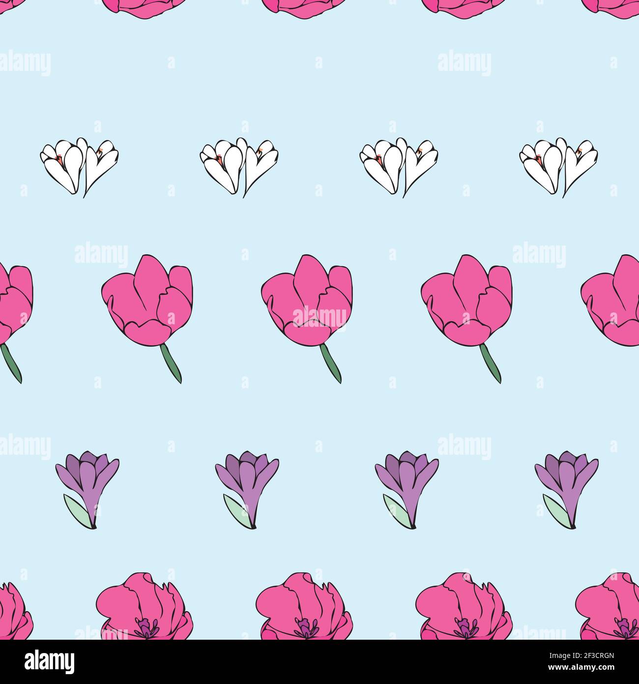 Vector blue background white pink purple color tulips, floral seamless ...