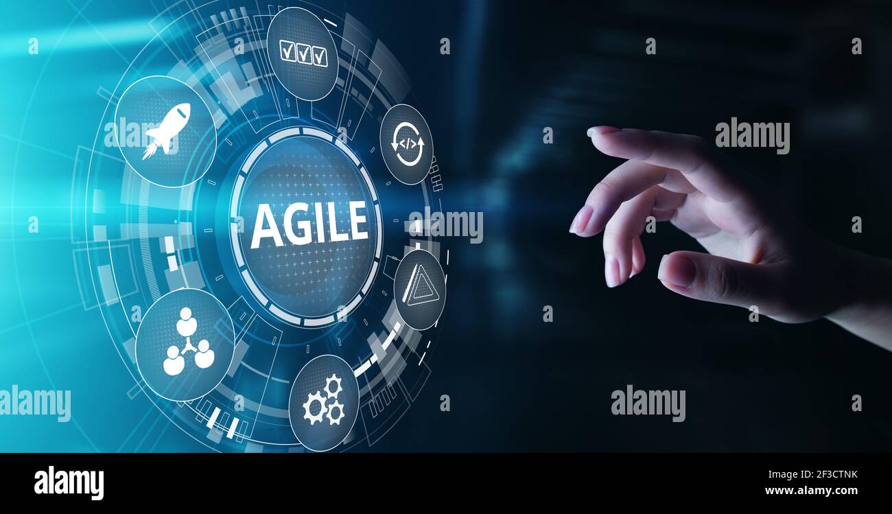 Agile development methodology concept on virtual screen. Technology ...