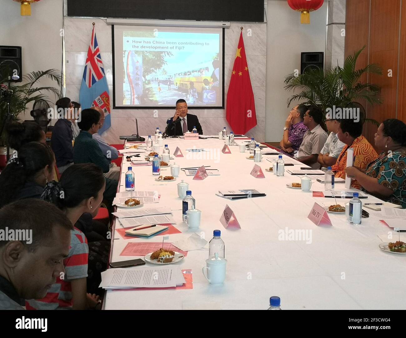 Suva, Fiji. 16th Mar, 2021. Chinese Ambassador to Fiji Qian Bo speaks ...