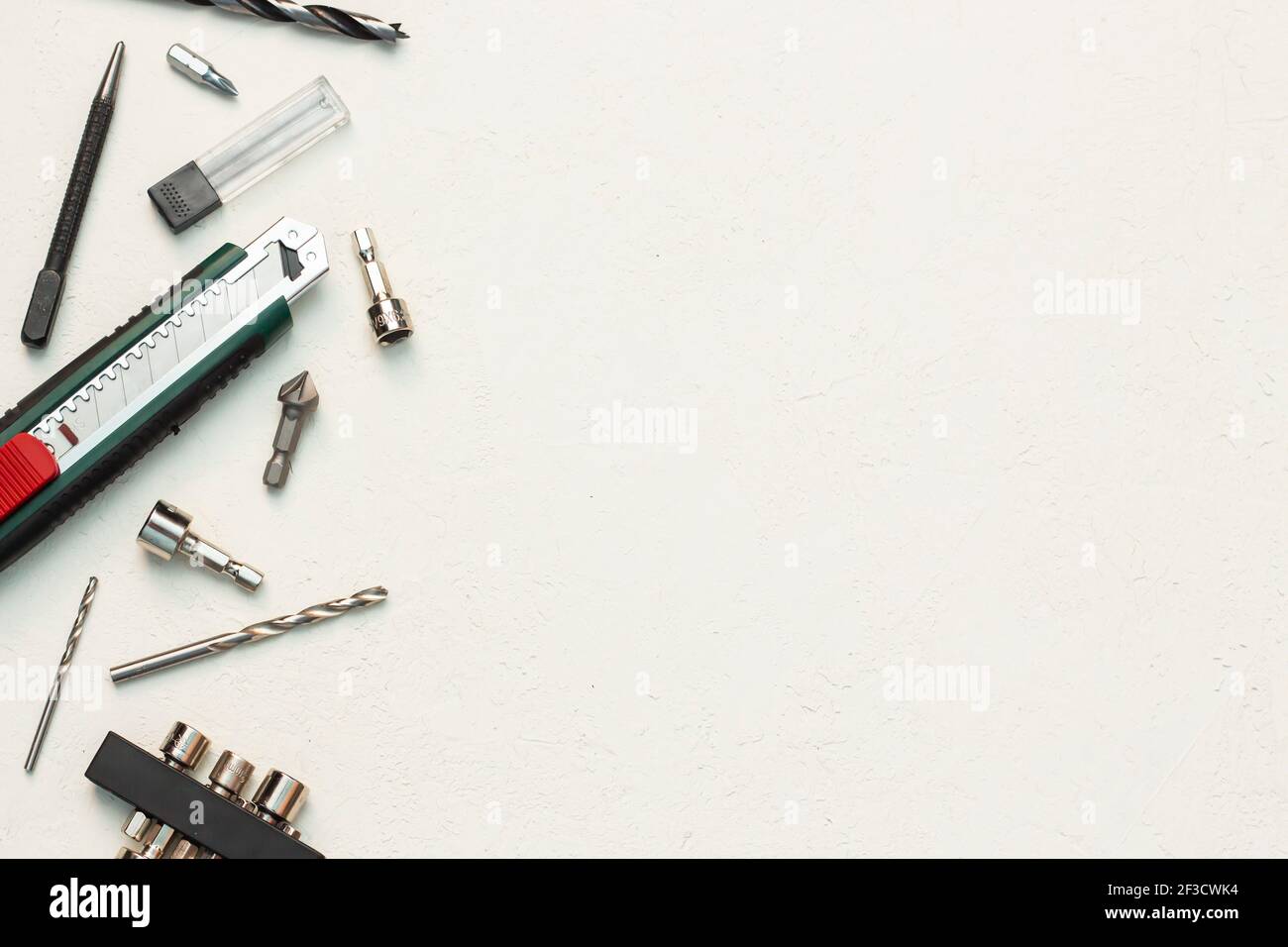 Craft tools isolated on white wood texture Stock Photo - Alamy