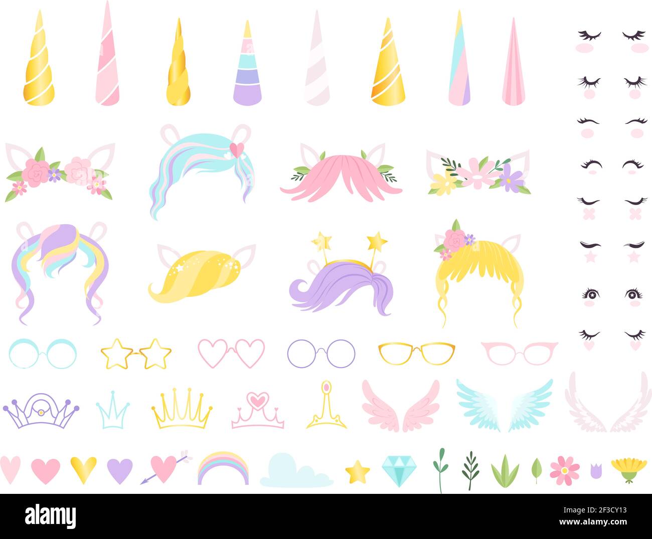 Unicorn face. Fairy tale pony head horn eyes ear hairs birthday party ...