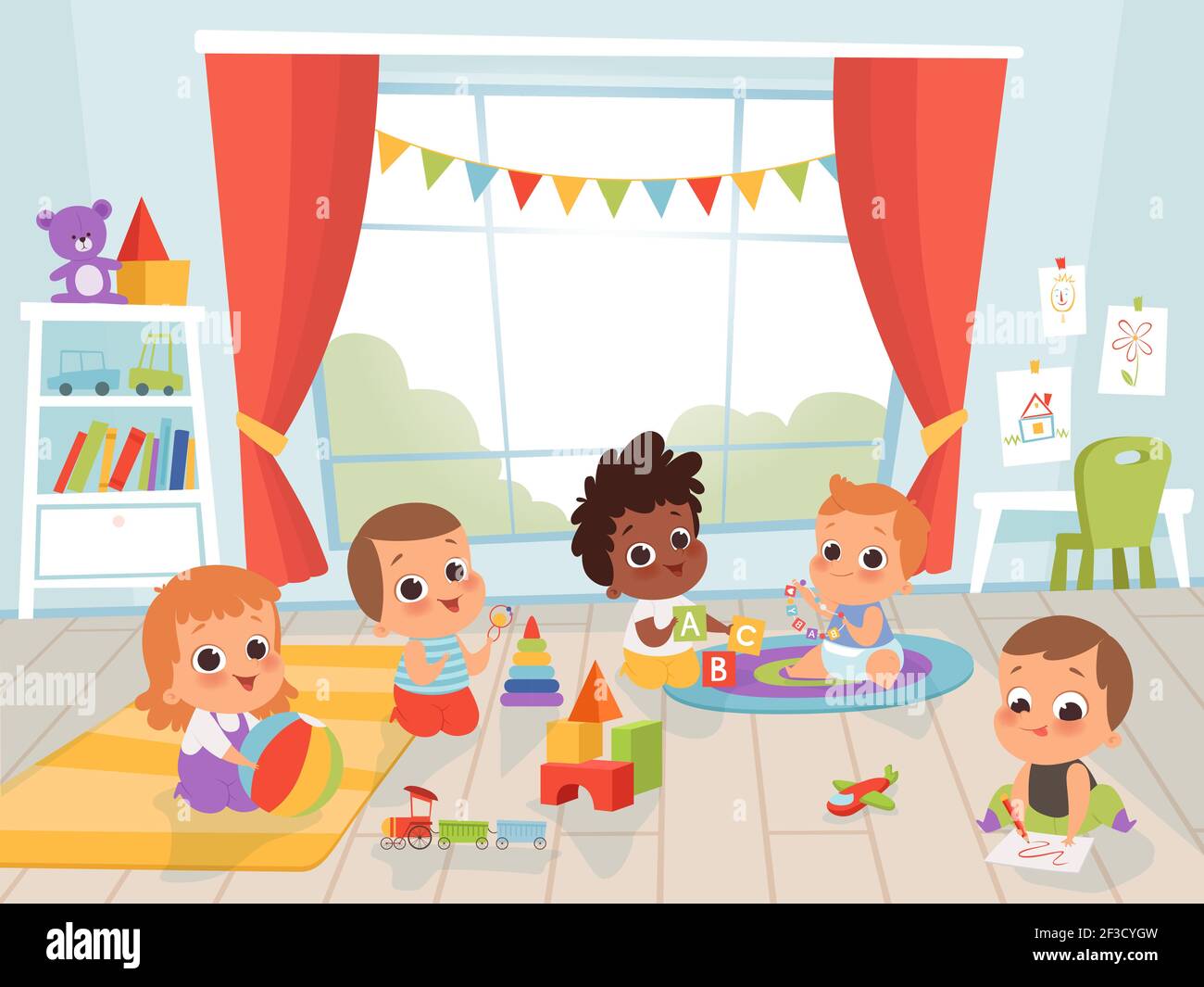 Children playing room. Little new born or 1 years baby with toys ...