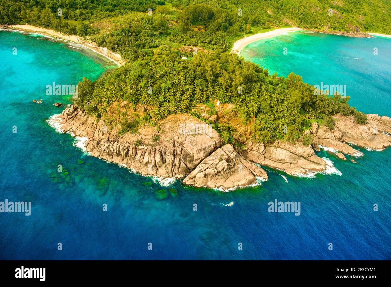 Aerial view of the tropical Mahe Island and beautiful lagoons ...