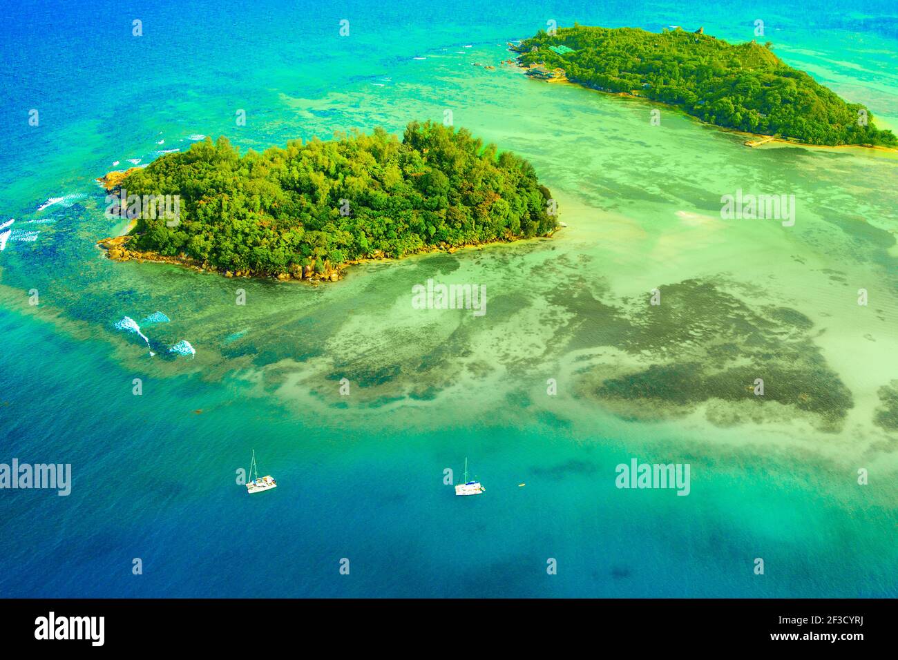 Aerial view of the tropical Mahe Island and beautiful lagoons ...