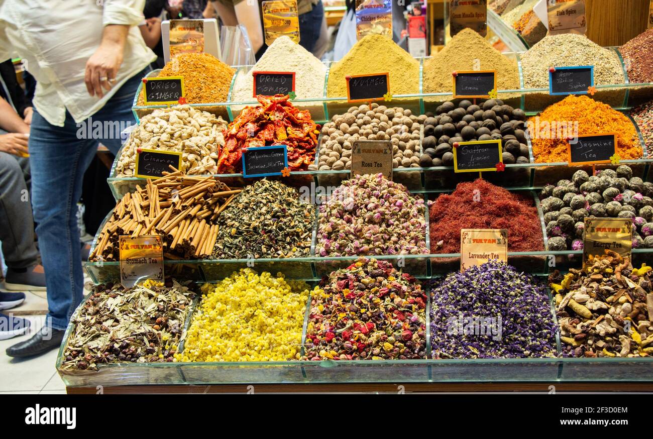 Market with different types of tea , herbs, plants and dried flowers ...
